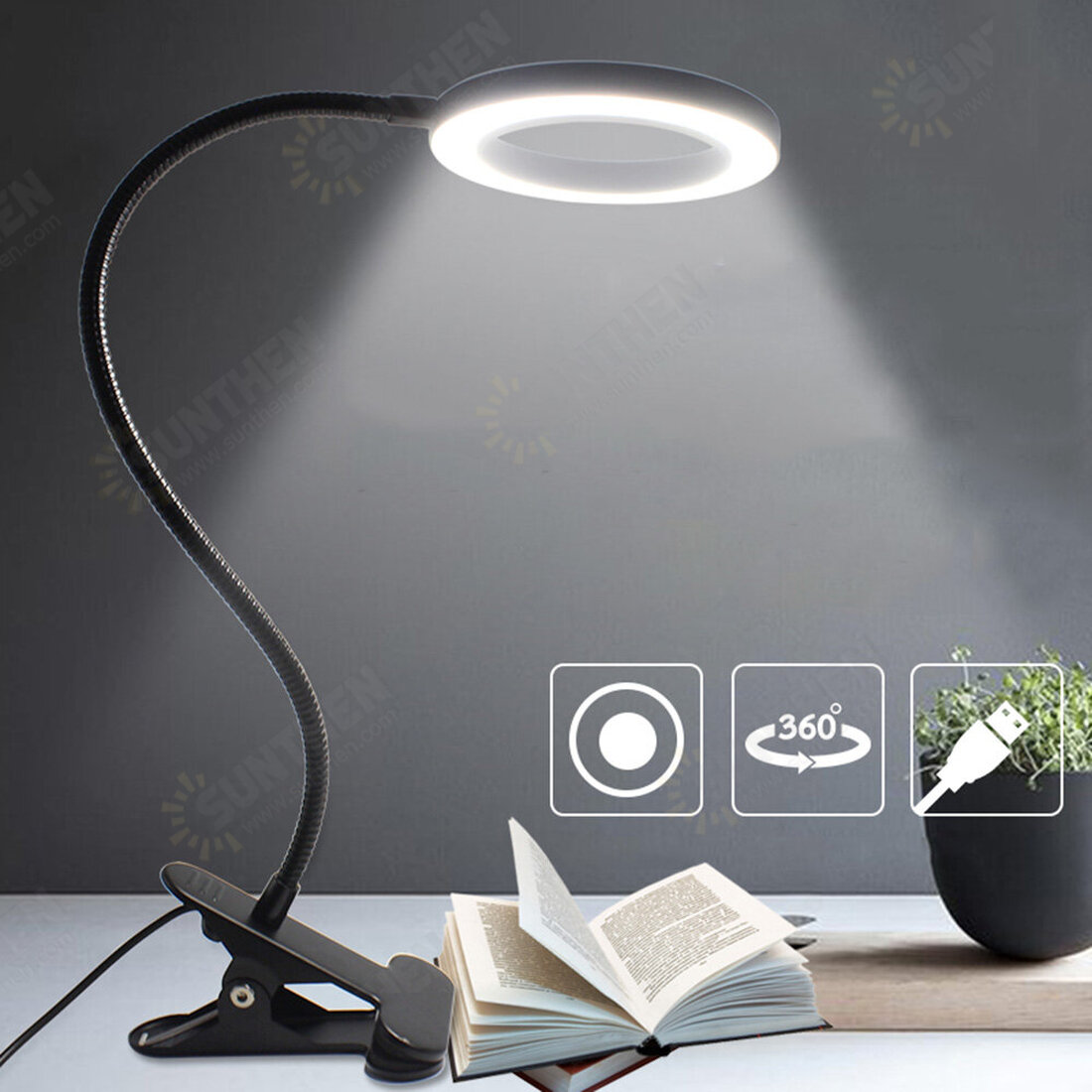 LED Book Lamp Clip Reading Light USB Power Black Flexible Hose Table ...