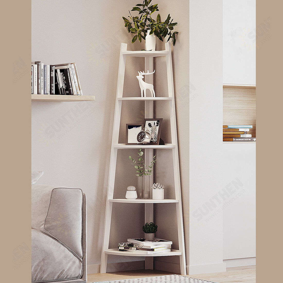 Stylish Corner Ladder Shelving Unit 5 Tier Wall Leaning Bookcase ...