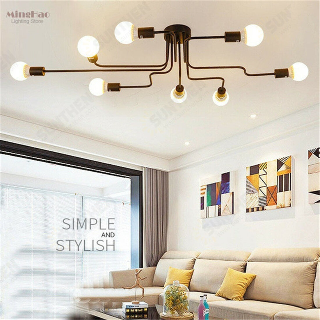 Industrial Edison 8 Lights Semi Flush Ceiling Light E27 Vintage Wrought ...