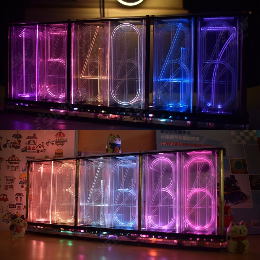Oversized Font Analog Nixie Tube Clock Rainbow LED Full Color Music ...