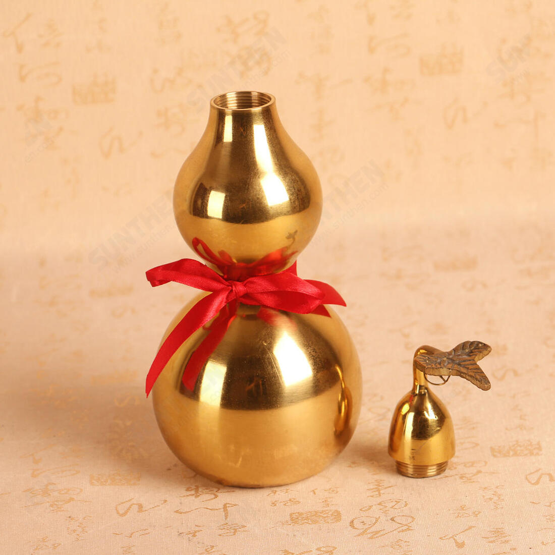Gold Brass Feng Sui Gourd with Red Ribbon Good Luck Collection Decorations